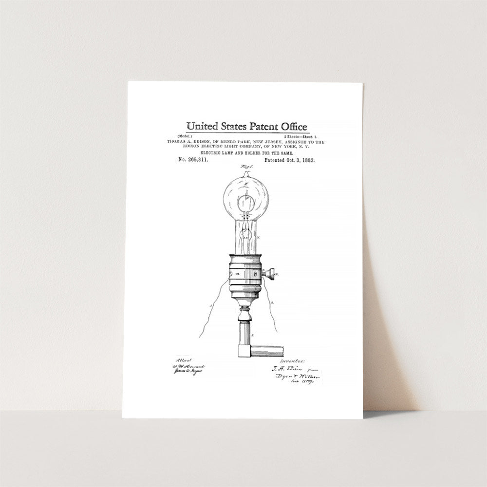 Thomas Edison Electric Lamp & Holder Patent Art Print